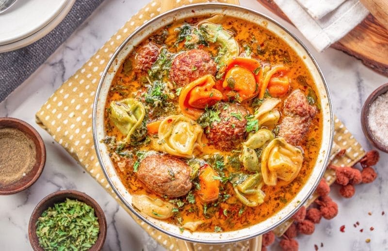 Tortellini Soup with Italian Sausage Meatballs - Sandra's Easy Cooking