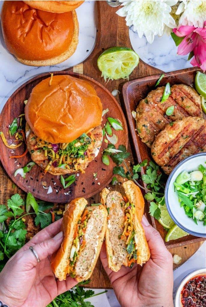 Chicken Burges with Spicy Peanut Butter Slaw - Sandra's Easy Cooking