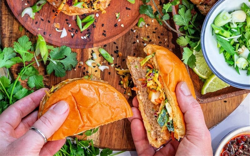 Chicken Burges with Spicy Peanut Butter Slaw - Sandra's Easy Cooking