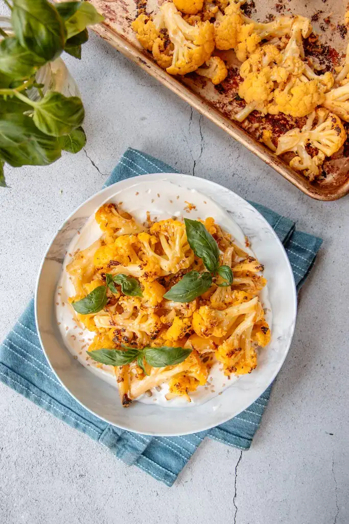 Air Fryer Ginger Turmeric Cauliflower over Yogurt • Sandra's Easy Cooking